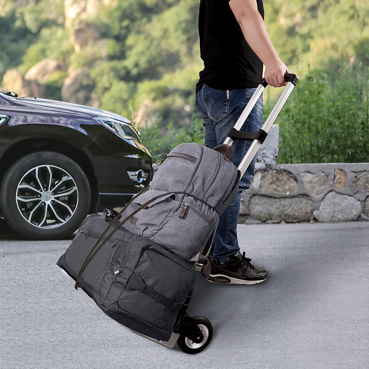 Varbucamp Folding Hand Truck with Telescoping Handle, 165lbs Capacity Aluminum Portable Luggage Trolley Cart, Hand Cart and Dolly with Black Bungee Cord and Rubber Wheels, Black