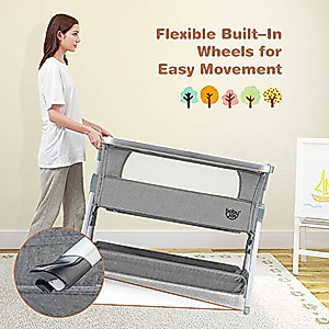 BABY JOY Bedside Bassinet, Portable Baby Crib w/Mattress, Two-Side Breathable Mesh, 7 Height Adjustable, Large Storage, Wheels for Easy Movement, Crib for Newborn Infant, Bassinet for Baby, Grey