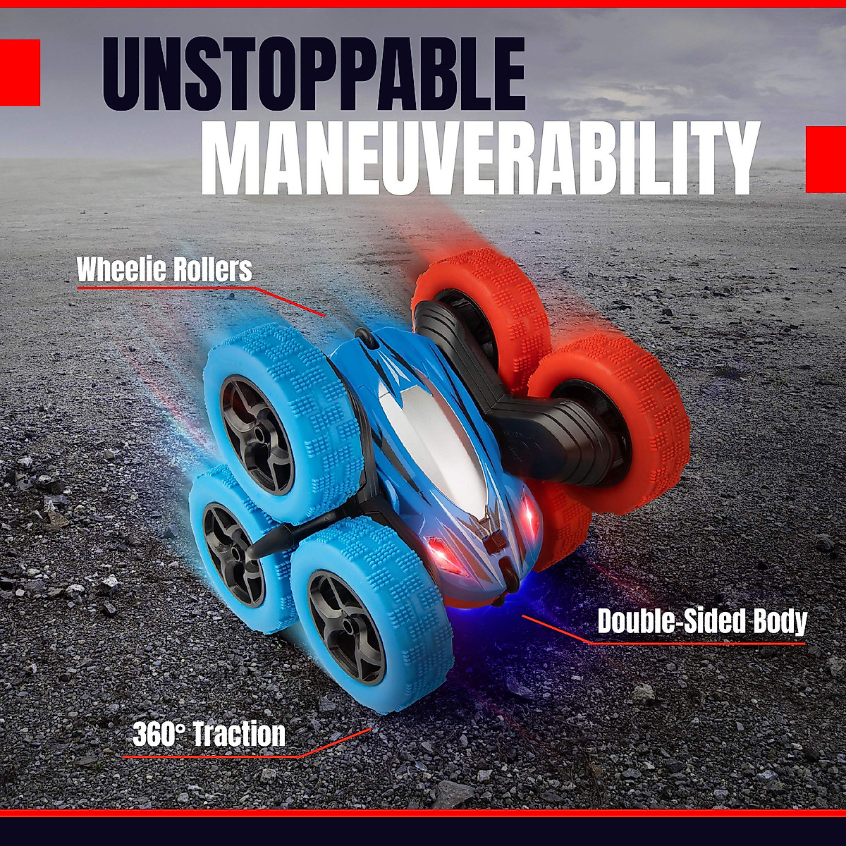 Force1 Crawler 6 Remote Control Car for Kids - 6 Wheeled RC Car Double Sided Driving with LEDs, 360 Flips, All Terrain RC Crawler Wheels, and 2.4 GHZ Remote Control, Red/Blue