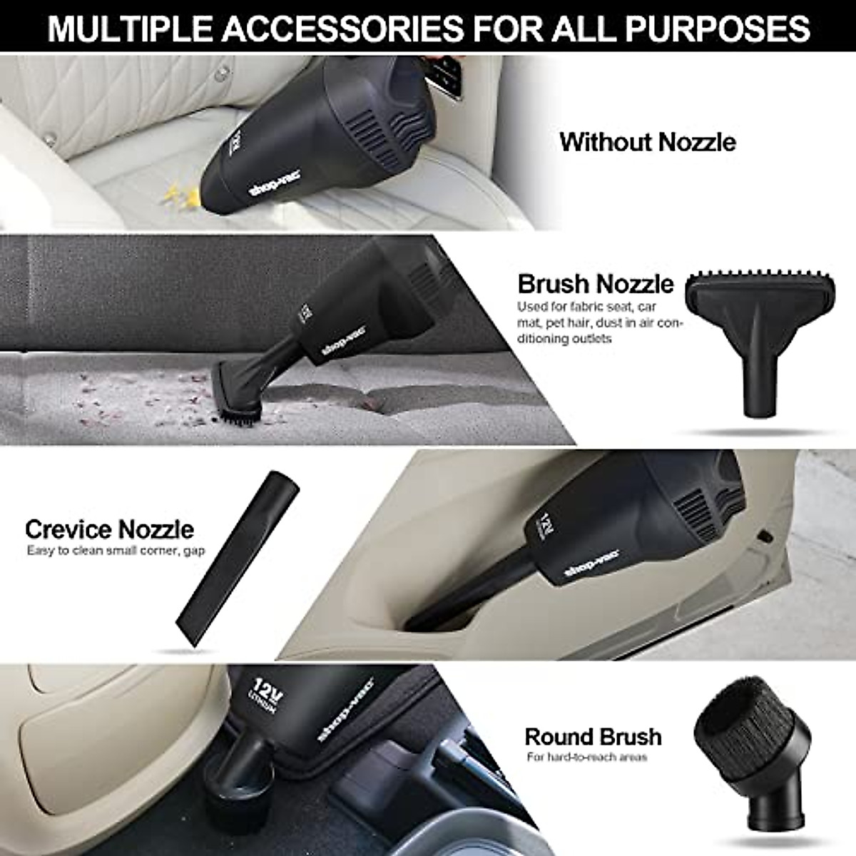 Shop-Vac Cordless Handheld Vacuum Cleaner, 12V 85W Portable Powerful Suction Commercial Grade Vacuum with Attachments, Rechargeable 2600mAH Li-ion Battery, Suitable for Home, Garage. Grey&Black