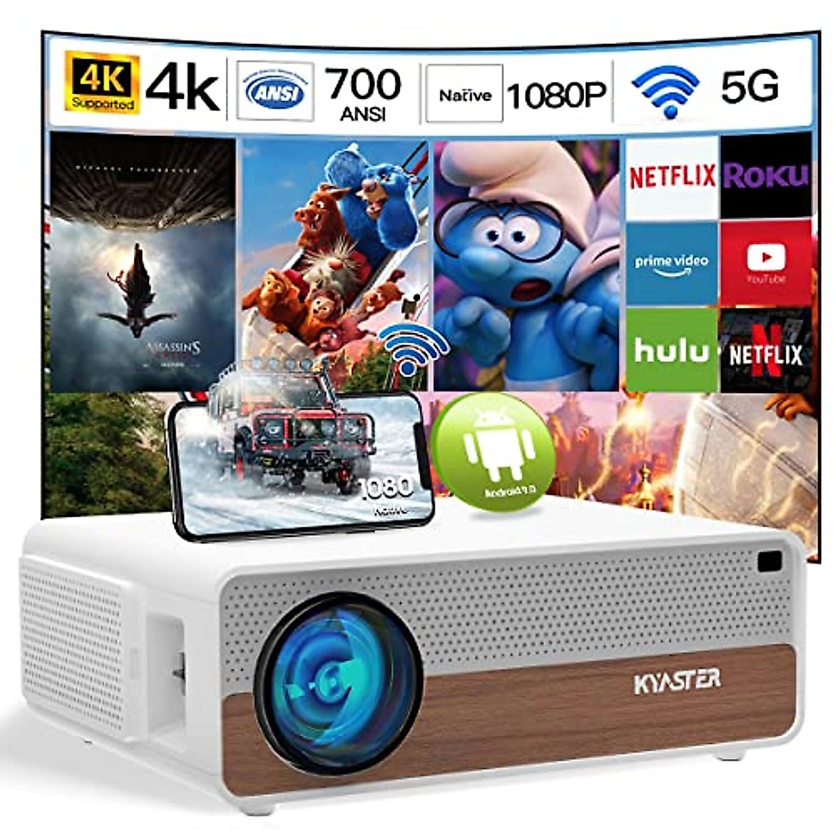 KYASTER Native 1080P Projector,700 ANSI Lumen 4K Supported,4P/4D Keystone Correction,Android 9.0 OS with Build in App Store,5G WiFi Wireless Screencast for iPhone,10W Speakers,Bluetooth 5.1