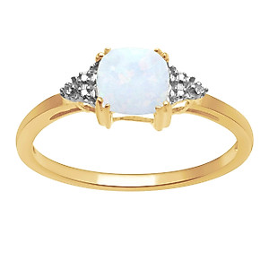 Jewelili October Birthstone Ring in 10K Yellow Gold with Cushion Cut Created Opal and Natural White Round Diamond Accent, Size 7