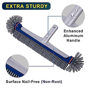 POOLAZA Pool Brush Head, 17.5" Round Ends Pool Brush with Sturdy Aluminum Handle & Durable Nylon Bristles, Professional Pool Brushes for Cleaning Pool Walls, Floors Steps & Corners(Blue)