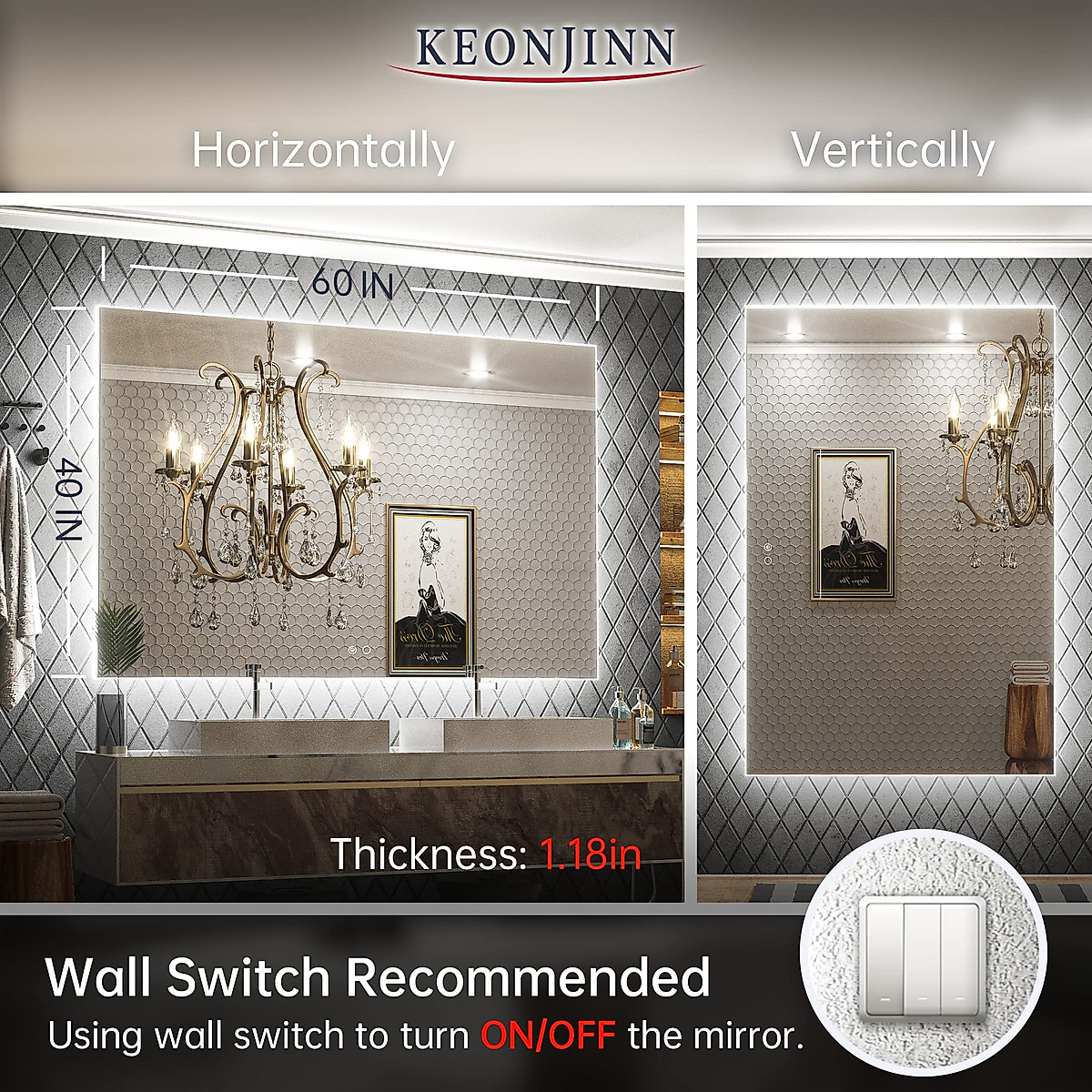 Keonjinn 60 x 40 Inch LED Vanity Mirror Backlit Mirror Bathroom Lighted Mirror Large Anti-Fog Wall Mounted Dimmable Makeup Mirror with Lights (Horizontal/Vertical)