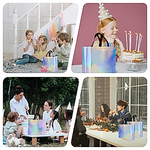 cabzymx Iridescent Glossy Gift Bags 15 pcs, 12.6x4.7x11 In Non-woven Reusable Goodie Bags Bulk, with Black Handles & Sturdy Base, Christmas Gift Bags for Birthday, Wedding, Easter, Holiday Party