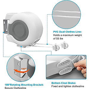 GOTOTOP Washing Line Retractable Outdoor Double Clothes Line Heavy Duty Wall Mounted Drying Line Indoor Outdoor Laundry Line 42.65ft