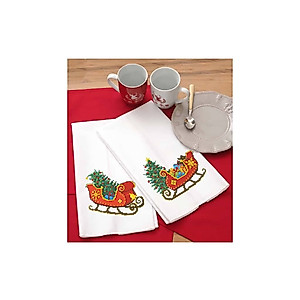 LEISURE ARTS Tea Towel 17"x28" Sleigh 2pc, Towel Set, Embroidery kit, Bathroom Hand Towels, Kitchen Towel, Cross Stitch Kits, Stamped Cross Stitch Kits