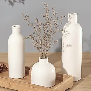 Perfnique Ceramic White Vase, Pampas Grass Vase Set of 3, Modern Boho Rustic Home or Living Room Decor, Farmhouse Decorative Dried Flower Bud Vase for Table Centerpieces Decor (White)