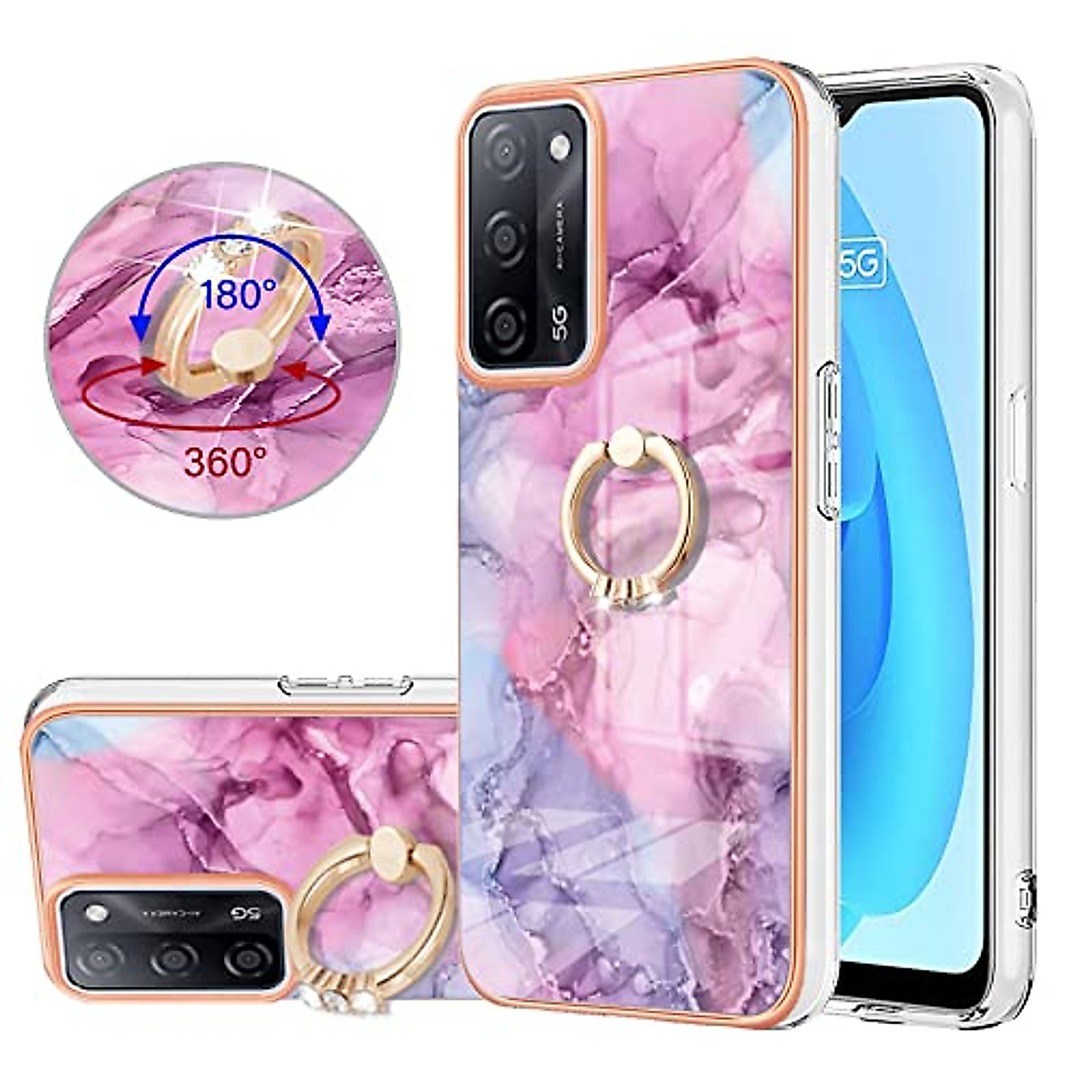 ONV Silicone Case for Oppo A55 5G - Phone Case with Luxury Glitter Metal Ring Marble Painted Stand Case TPU Bumper Protect Cover for Oppo A55 5G / Oppo A53S 5G / Oppo A54 4G / Oppo A16 [Ring] -Pink