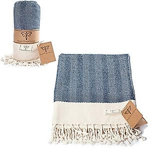 Smyrna Original Turkish Throw Blanket Herringbone Series | 100% Cotton, 50 x 60 Inches | Vintage Boho Throw Blankets for Couch, Sofa, Farmhouse and Home Decor | Lightweight and Super Soft (Navy)