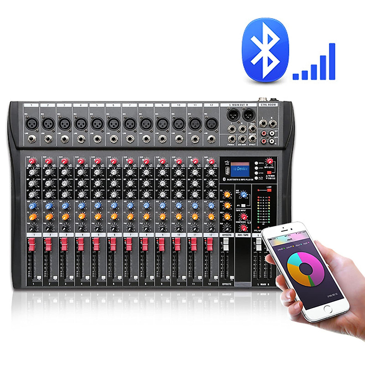Pro 12 Channels Live Audio Mixer Bluetooth USB DJ Sound Mixing Console with 3 Stage Equalization Regulate 6 Modes Of Music for Family Ktv,Campus Speech,Meeting Etc