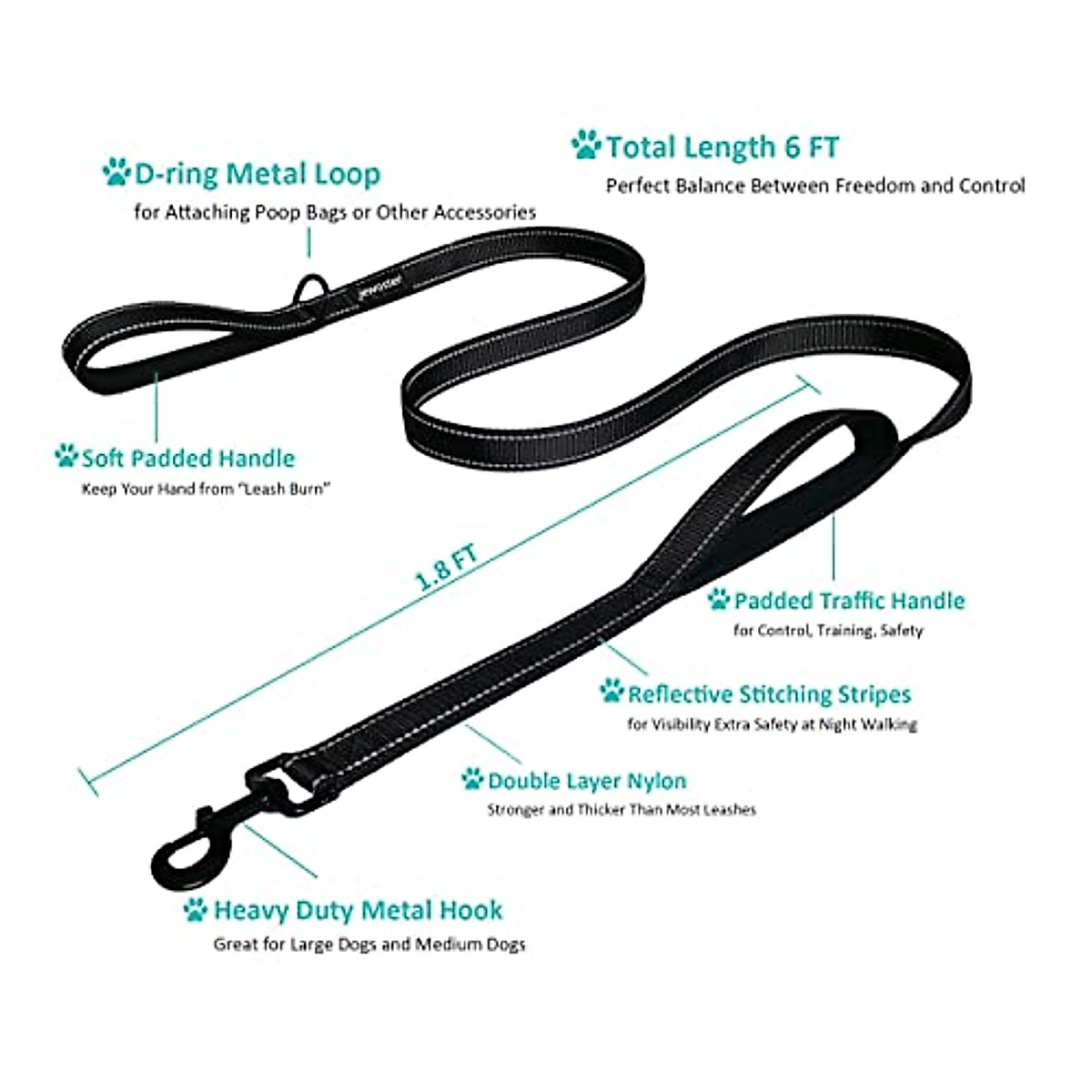 Heavy Duty Dog Leash - 2 Handles by Padded Traffic Handle for Extra Control, 6foot Long - Perfect for Medium to Large Dogs (6 ft, Black)