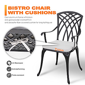 NUU GARDEN Bistro Set 3 Piece Outdoor Cast Aluminum Patio Bistro Set Patio Table and Chairs Set of 2 with Umbrella Hole and Gray Cushions, Black