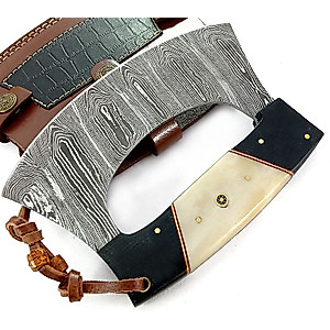 Damascus Steel alaskan Ulu Knife - Fixed Blade knife for Chopping Boning Slicing Cutting with Leather Sheath. SM149