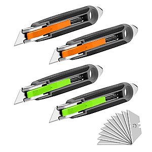 XW 4-pack Self-retracting Safety Box Cutter, Utility Knife with Quick Blade Change, Extra 10 Blades Included