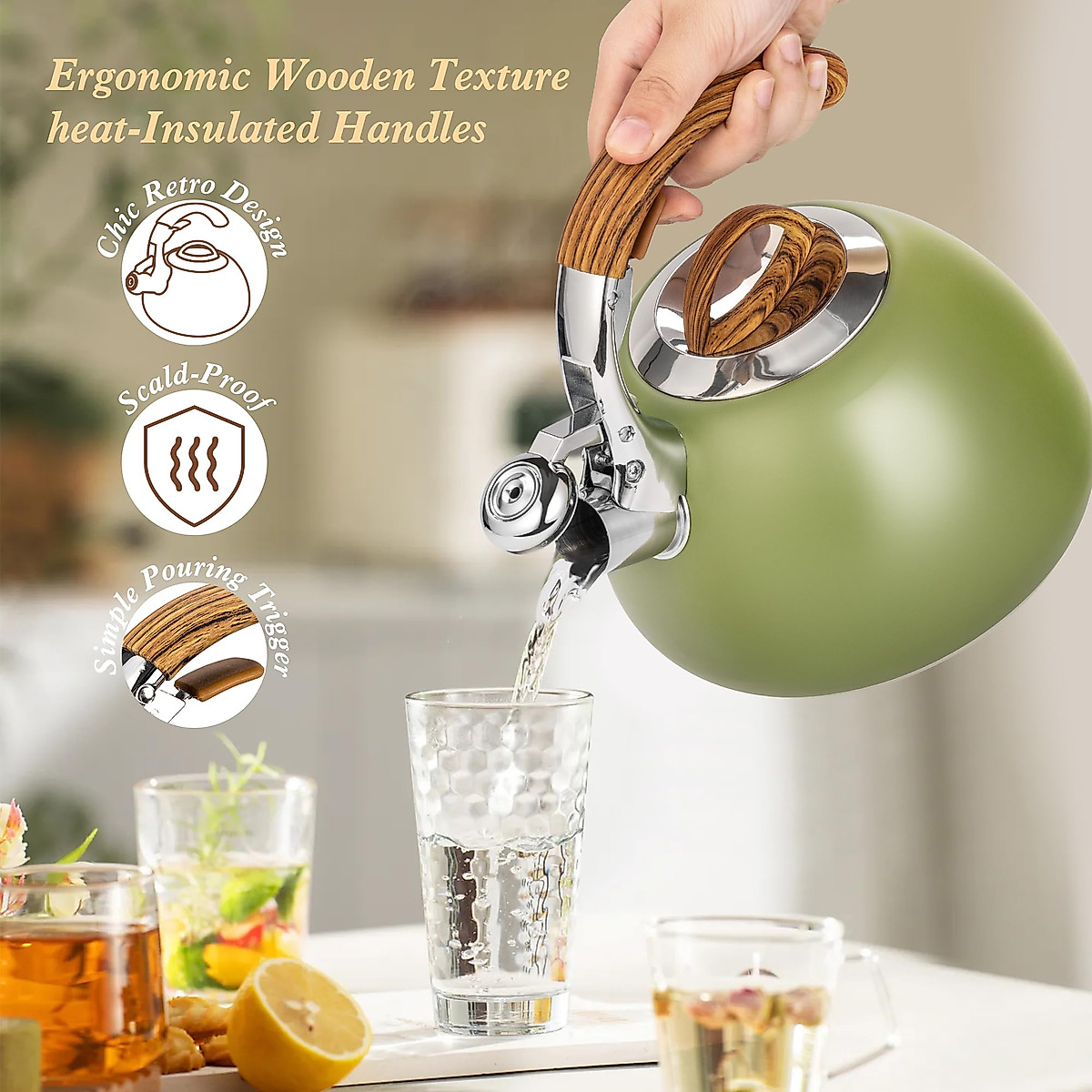 suyika Stove Top Whistling Tea Kettle Food Grade Stainless Steel Teapot with Wood Pattern Handle 3 Quart Green