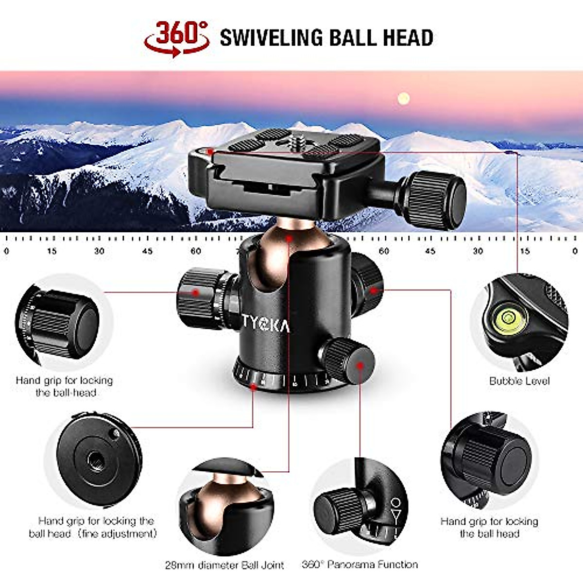 TYCKA 56” Camera Tripod, Lightweight Aluminum Travel Tripod Professional Compact Tripod Monopod for DSLR Camera With 360 Degree Ball Head, Quick Release Plate, Carry Bag