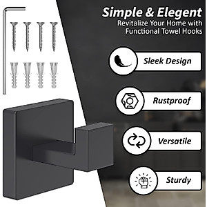 RiXY PREMIUM Matte Black Towel Hooks for Bathroom - Stylish Bath Hooks for Towels - Heavy Duty Bathroom Hooks for Hanging Towels Robes Coats - Pack of 4 Stainless Steel 304 Coat Hooks