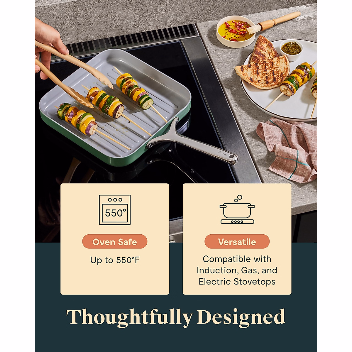 Caraway Griddle Pan & Grill Pan Duo - Non-Stick Ceramic Coated - Non Toxic, PTFE & PFOA Free - Oven Safe & Compatible with All Stovetops – Gray