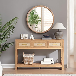 Alaxgumrol Console Table with Rattan 3 Drawers, Boho Entryway Table with Storage Shelf, Narrow Wood Sofa Table, 2 Tier Long Behind Couch Table for Living Room, Hallway, Foyer, Entrance, Bedroom