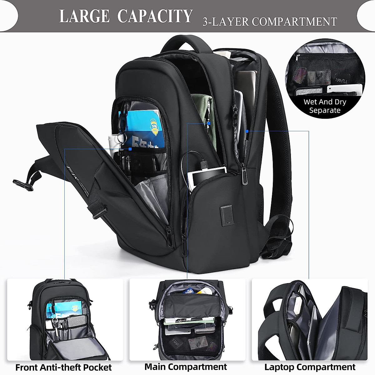 FENRUIEN 15.6 Inch Large Laptop Backpack for Men 3-layer Protection Waterproof USB Business Work Casual Day Pack Lightweight Daily Bag College Backpack