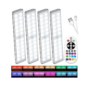 SZOKLED 58-LED Under Cabinet Lights, RGB Motion Sensor Indoor Night Lights with Wireless Remote, Rechargeable Under Cabinet Lighting, Counter Lights for Kitchen, Closet, Stair, 15 Color (4 Packs)