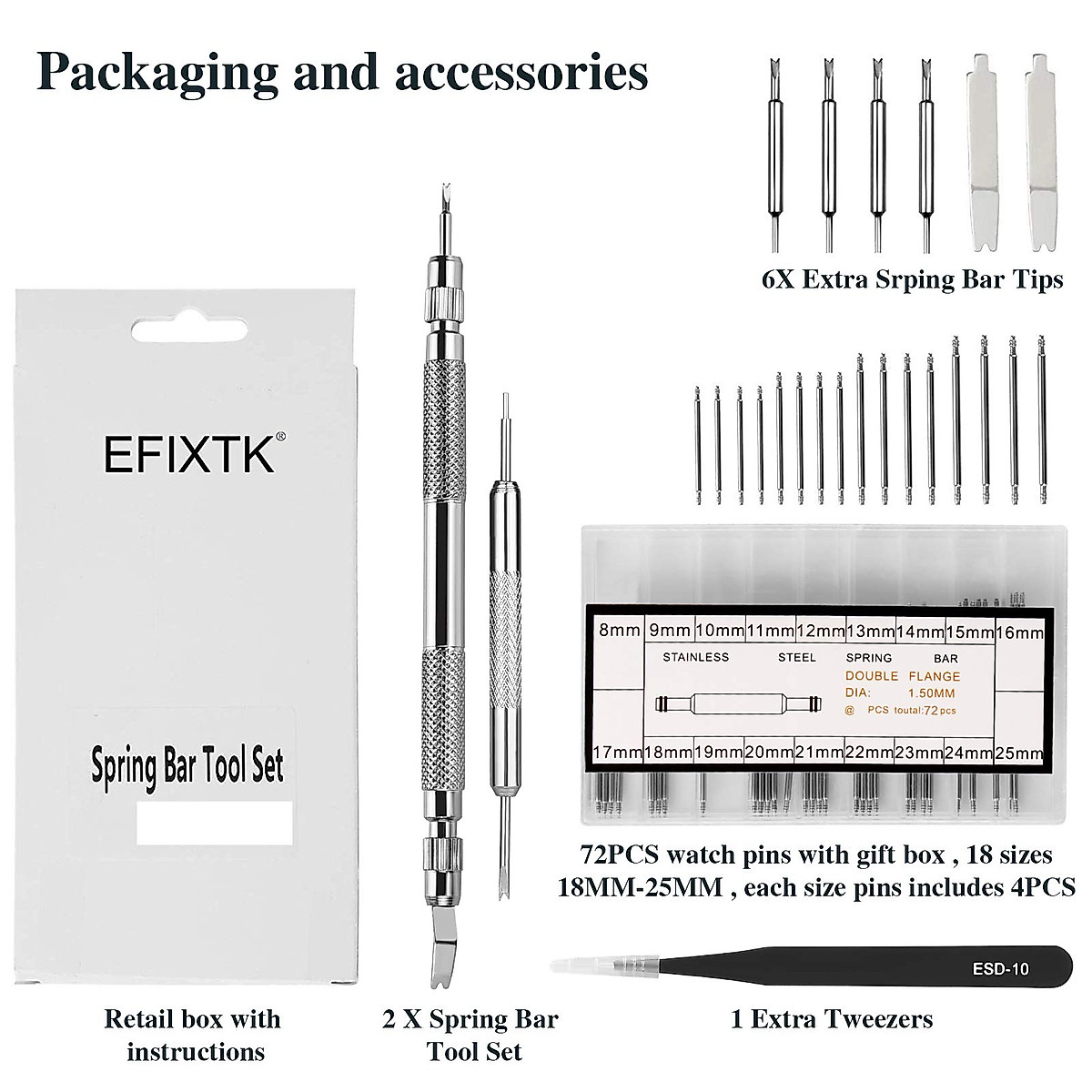 EFIXTK Spring Bar Tool Set with Extra 6 Tips Pins for Watch Wrist Bands Strap Removal Repair Fix Kit,72PCS Extra Watch Pins