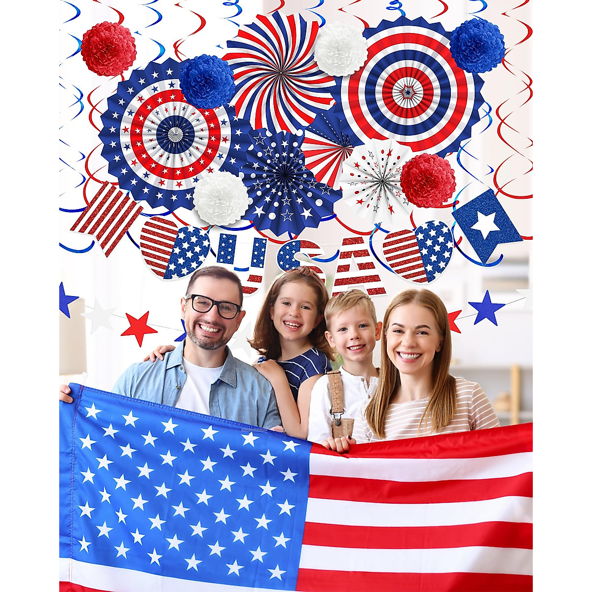 26 Pcs 4th of July Decorations Outdoor, Patriotic Decorations LOVE USA Banner Red White Blue Paper Fans Hanging Swirls Pompoms Independence Day Decor for Veterans Day, Memorial Day, Fourth of July