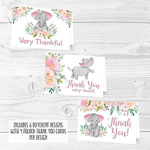 Hadley Designs 24 Pink Floral Elephant Baby Shower Thank You Cards With Envelopes, Kids Thank You Note, Vintage Animal 4x6 Varied Gratitude Card Pack For Party, Modern Event Stationery