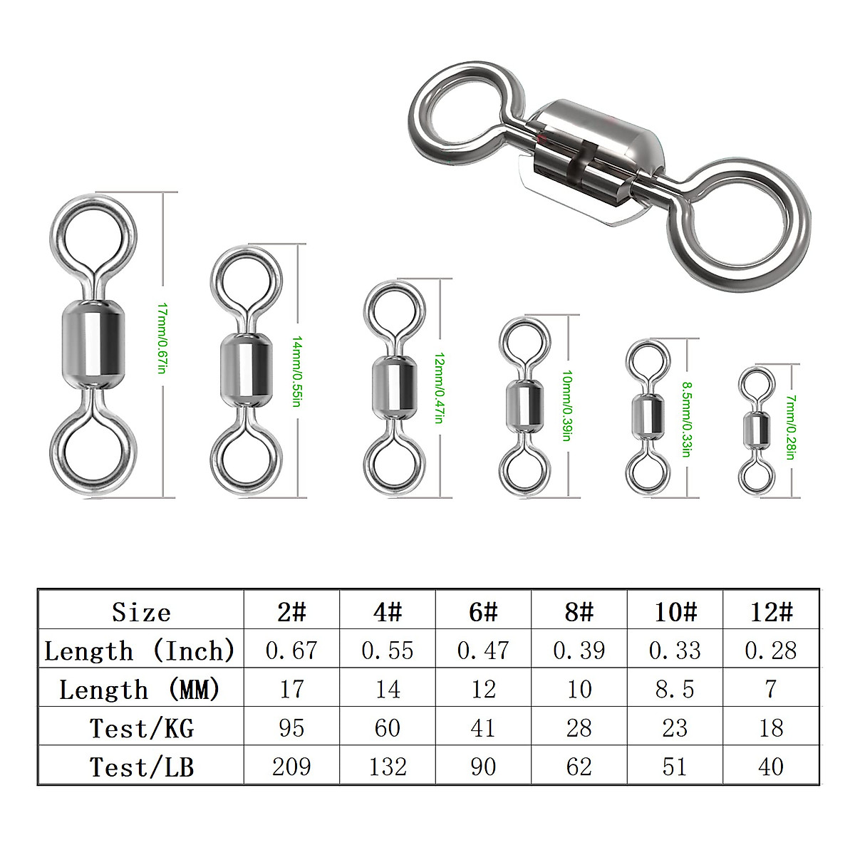 JOYGO FISHAN 90PC Fly Fishing Micro Swivels Stainless Steel Material Fishing Barrel Swivels Set Rolling Bearing Snap Connector Fishing Tackle 40LB-210LB (90PC 6size Super Strong Swivels)