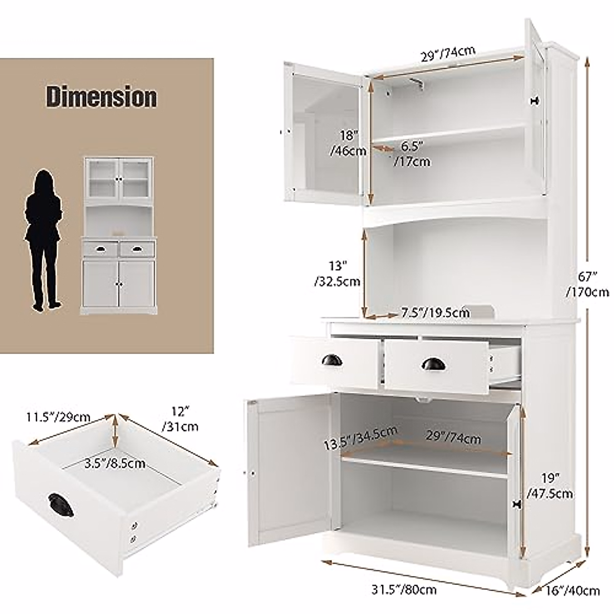 PETSITE Kitchen Hutch Storage Cabinet, Pantry Buffet Cabinet w/Tempered Glass Doors, Double Drawers, Adjustable Shelves & Anti-toppling Fitting, Tall Cupboard for Dining Room (White)
