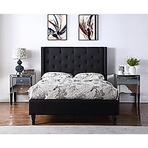 Full Upholstered Platform Bed Frame with 51" Tall Headboard - Button Tufted Cloth Bed - Wood Slat Support with Storage Space - No Box Spring Needed - Easy Assembly - Black - Oliver & Smith - Astor