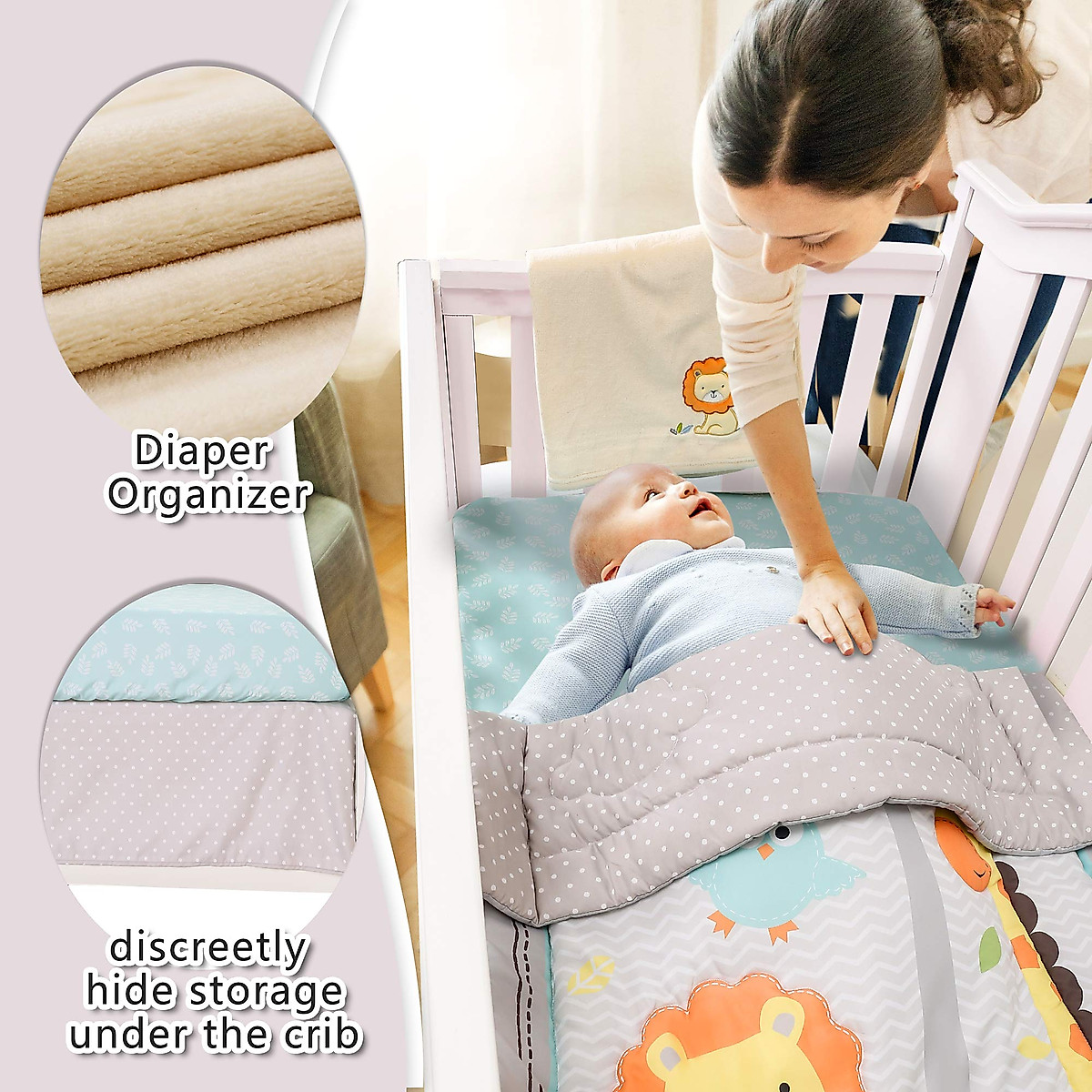 Honkaii 4Pcs Crib Bedding Sets for Boy, Zoo Baby Bedding Sets Neutral with Comforter Fitted Sheet Crib Skirt Blanket, Machine Washable, Suitable for 28 x 52 Inch Cribs,Nursery Bedding Set (Gray)