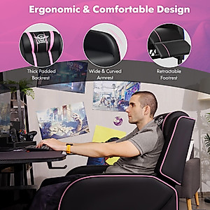 GYMAX Gaming Recliner, Massage Gaming Chair w/Adjustable Footrest, Remote Control & Side Pocket, Ergonomic Game Lounge Chair, Racing Style Single Theater Seat Game Sofa for Adults (Pink)