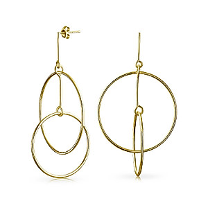 Minimalist Geometric Round Thin One Two Open Interlocking Circle Dangle Earrings For Women 14K Gold Plated .925 Sterling Silver 2.5 Inch Diameter