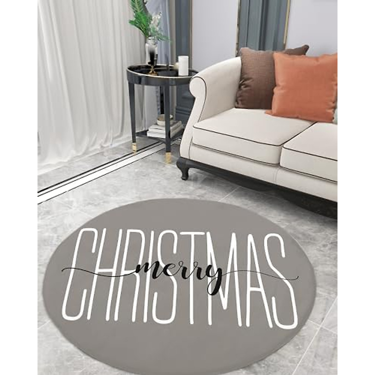 Merry Christmas Fluffy Round Area Rug Carpets 4ft, Plush Shaggy Carpet Soft Circular Rugs, Non-Slip Fuzzy Accent Floor Mat for Living Room Bedroom Nursery Home Decor Grey Xmas Winter Holiday