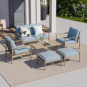 HAPPATIO Patio Outdoor Furniture Set - 6 Pieces Aluminum Outdoor Conversation Set with 1 Cushioned Loveseat, 2 Armchairs, 1 Coffee Table, and 2 Ottomans for Yard, Porch, and Deck (Brown)