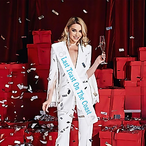 JOYMEMO Last Toast on the Coast Sash, White Champagne Sea Shell Sash for Coastal Bachelorette Bridal Shower Engagement Wedding Decor, Beach Nautical Theme Party Decorations Supplies