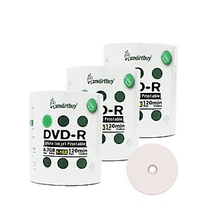 Smartbuy 300-disc 4.7gb/120min 16x DVD-R White Inkjet Hub Printable Blank Data Recordable Media Disc