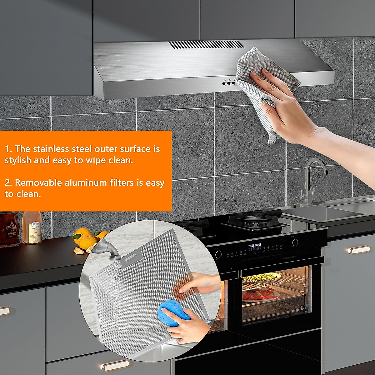 Upgraded 600 CFM Range Hood 30 inch, Under Cabinet Range Hood for Duct/Ductless Convertible, Stainless Steel Kitchen Stove Vent with 3 Speed Kitchen Exhaust Fan and Two Bright Energy-Saving LED