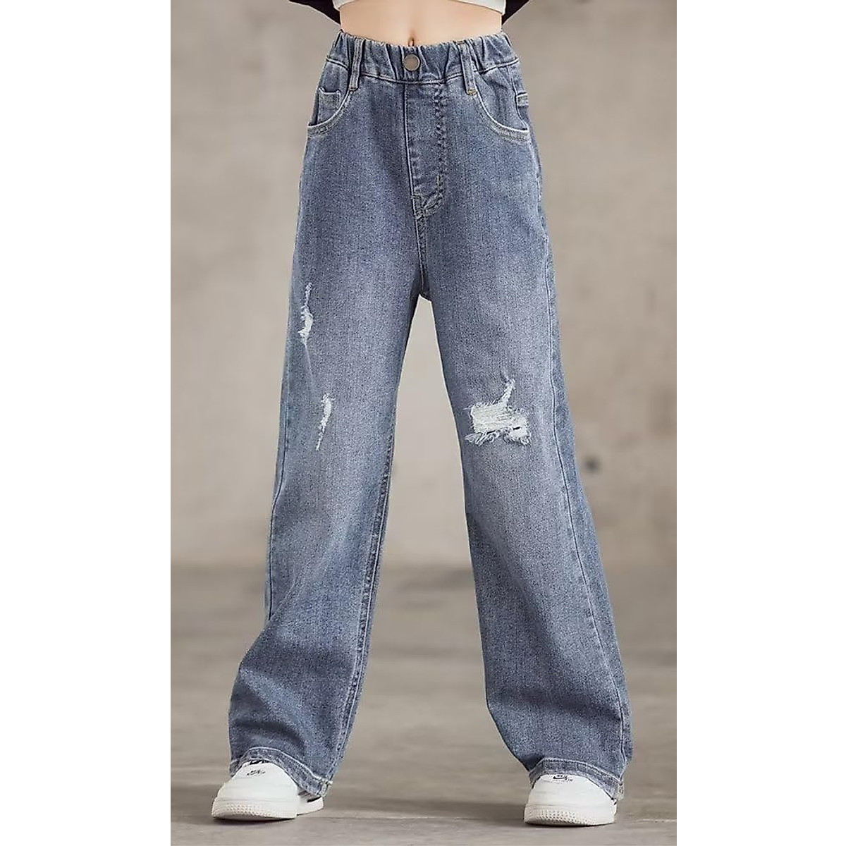 Sitmptol Teen Girl's High Waisted Straight Leg Ripped Jeans Washed Denim Pants with Pockets Wide Leg Blue Ripped 160 11-12 Years