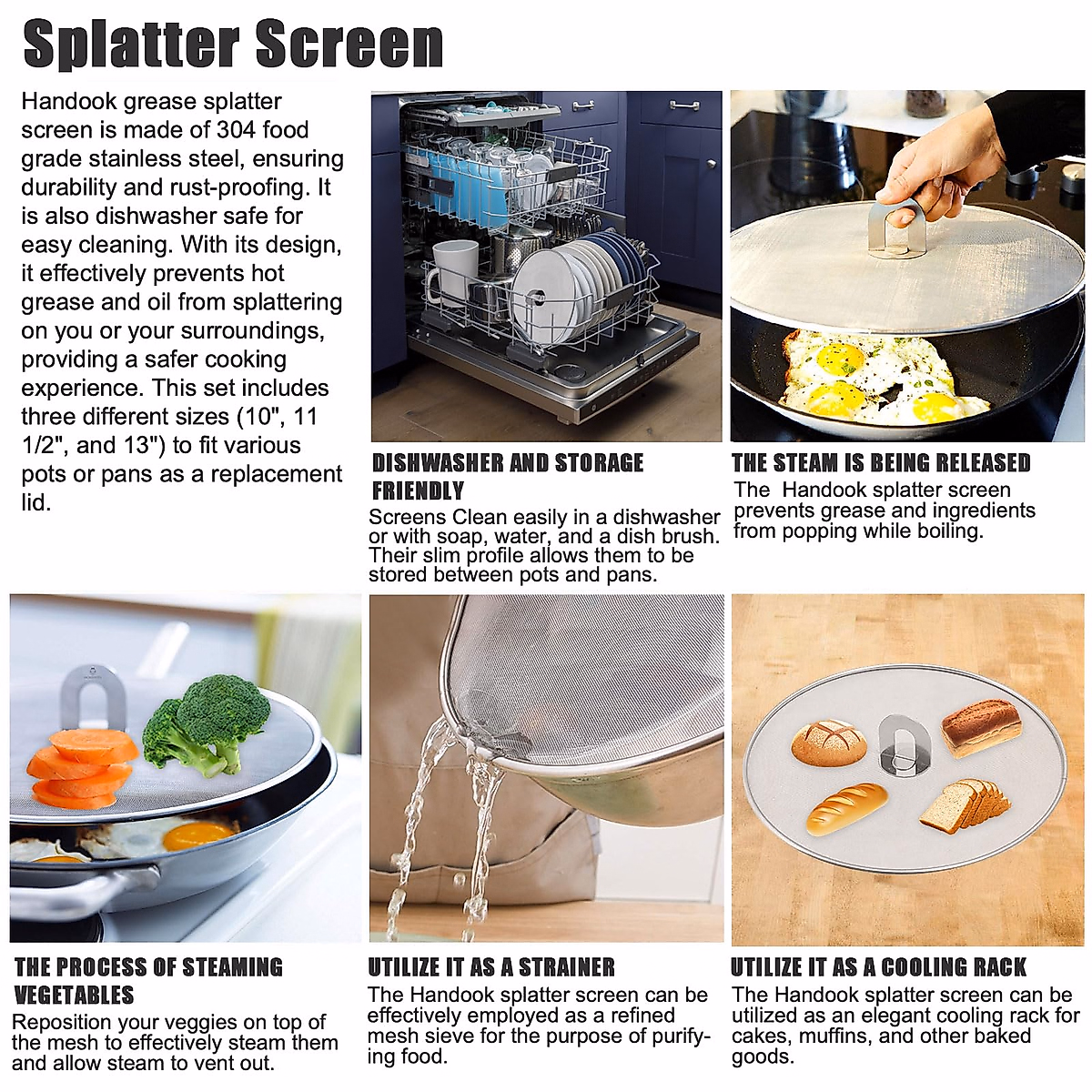 Splatter Screen for Cooking - Stainless Steel Grease Splatter Guard for Frying Pan, No Cooking Oil Mess No Burns, Ultra Fine Mesh Lids Set of 3(10", 11.5", 13")