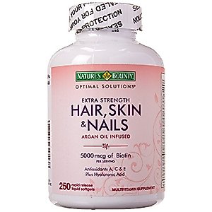 Natures Bounty Optimal Solutions Hair Skin and Nails Argan Oil Infused 5000mcg of Biotin, 250 Softgels