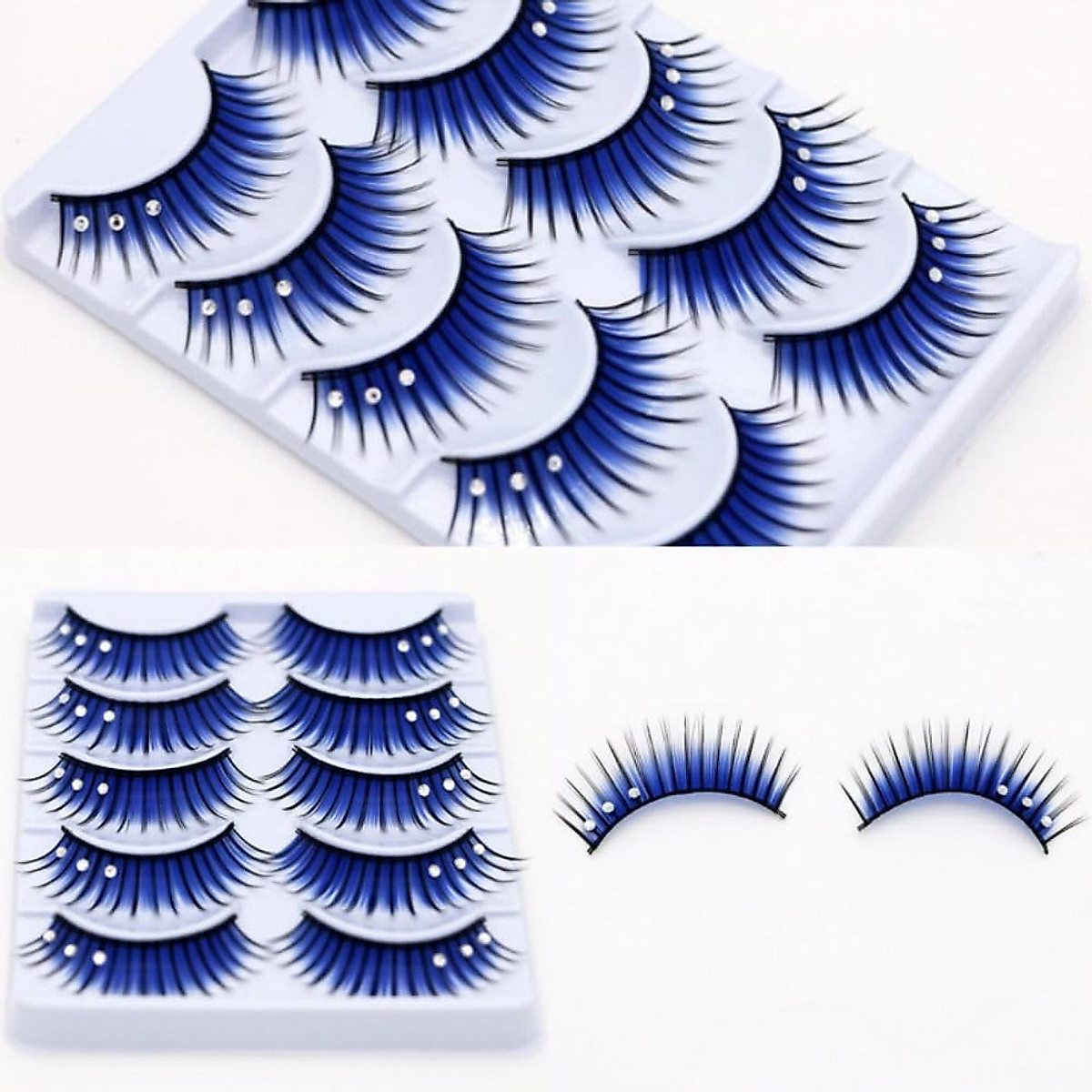 Okdeals 5 Pairs Glitter Lashes 3D Blue Cosplay Anime Eyelash with Rhinestones, 13mm Blue Dramatic Manga Lashes Halloween New Year Party Stage Makeup Eyelash, Black Stems