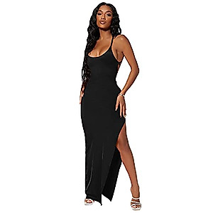 SheIn Women's Side Split Thigh Backless Bodycon Maxi Dress Sleeveless Tie Back Criss Cross Slit Pencil Long Dresses X-Small Black