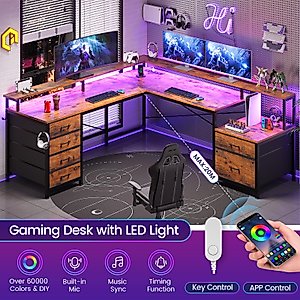 SEDETA L Shaped Desk with 6 Drawer, 108" Home Office Desk with File Drawer & Power Outlet, Corner Computer Desk with Monitor Shelf, Two Person Desk, Gaming Desk with Led Lights, Rustic Brown