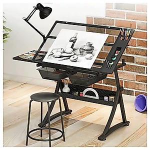 Adjustable Glass Drafting Table,Versatile Art Study Table,with Storage Drawers,Art Studio Design Sketching Painting Work Station