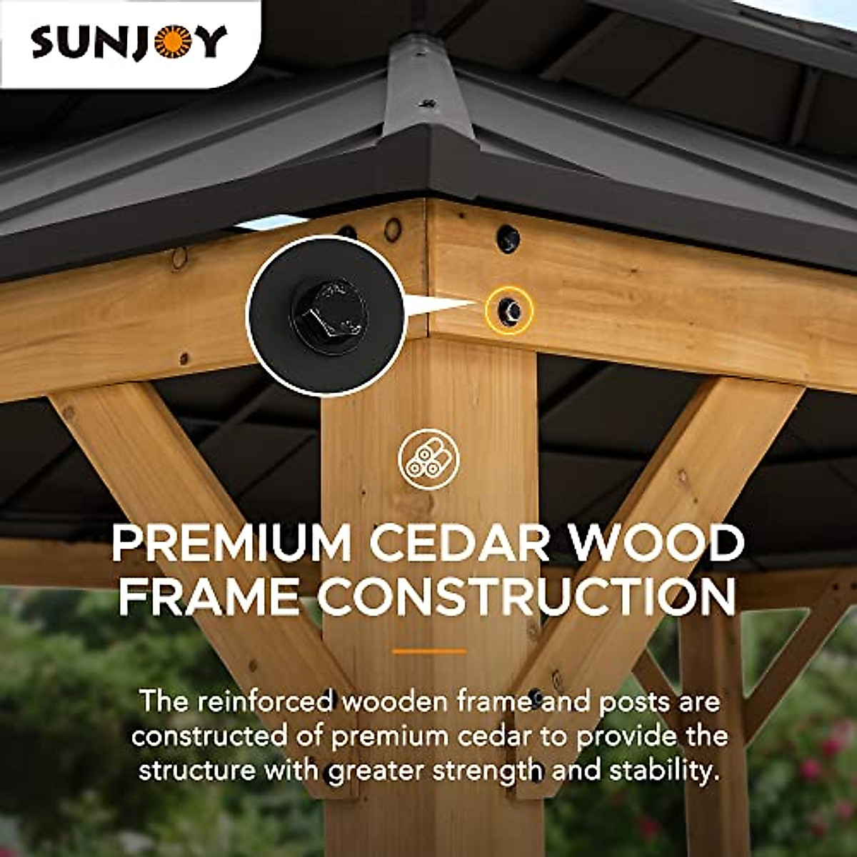SUNJOY 12 x 16 ft. Wood Gazebo, Outdoor Patio Hardtop Gazebo, Upgrade Cedar Framed Wooden Gazebo with 2-Tier Metal Roof, Suitable for Patios, Lawn and Backyard, Dark Brown Roof + Natural Wood Frame