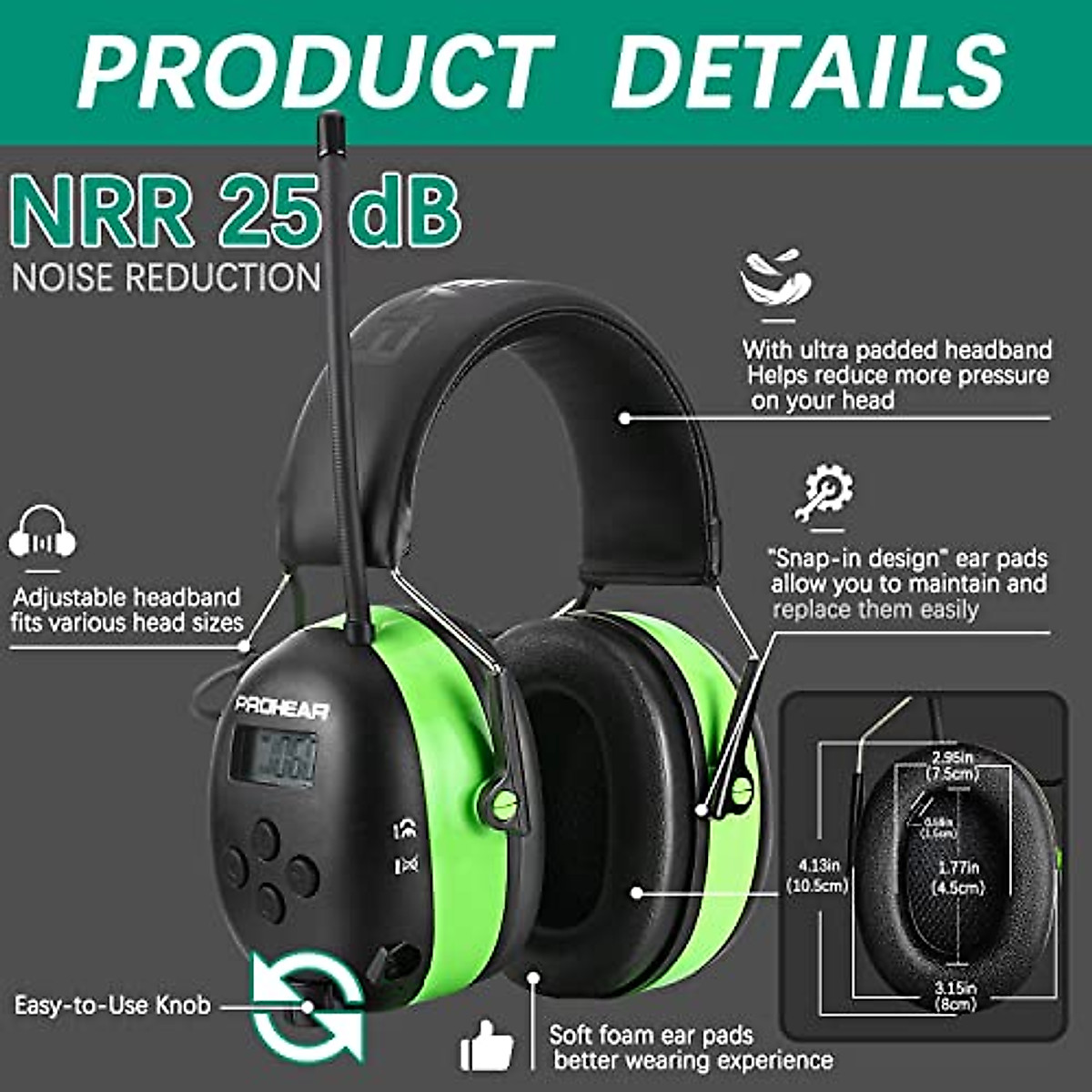 PROHEAR 033 Upgraded 5.1 Bluetooth Hearing Protection AM FM Radio Headphones, Noise Reduction Safety Earmuffs with Rechargeable 2000 mAH Battery, Ear Protector for Mowing Lawn Work - Green