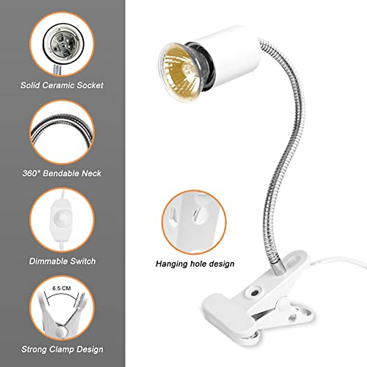 Dimmable 2-Pack White Adjustable Reptile Clamp Heat Lamp Fixture Holder with 3-Pack 30W Sun Basking Spot Lamp, Flexible Clamp Lamp Stand with Clip for Aquarium, Reptiles,Lizard, Turtle, Snake